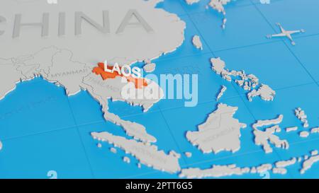 Laos highlighted on a white simplified 3D world map. Digital 3D render ...
