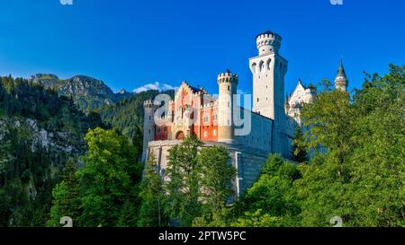 Front view of the facade of Neuschwanstein Castle with entrance area ...