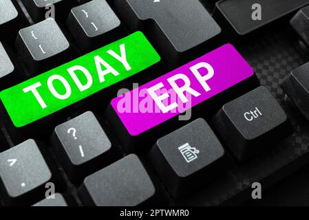 Hand writing sign Erp, Concept meaning enterprise resource planning centralized database for ...