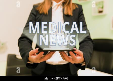 Hand writing sign Medical News. Business showcase report or noteworthy ...