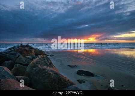 Sandy beach with stone dunes reaching into the sea. Dramatic sunset. On ...