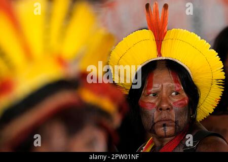 An Indigenous woman attends the closing of the annual Terra Livre, or ...