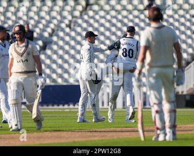 #80, Dan Mousley of Warwickshire (no cap) is congratulated for taking ...