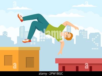 Parkour Sports with Young Men Jumping Over Walls and Barriers in City ...