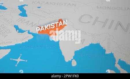 Pakistan highlighted on a white simplified 3D world map. Digital 3D ...