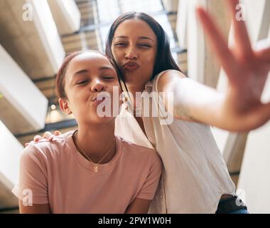 Peace, kiss and pout with black woman friends in the city together ...