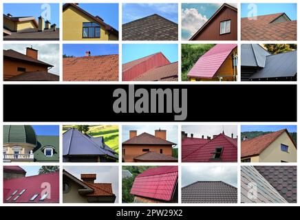 A collage of many pictures with fragments of various types of roofing ...