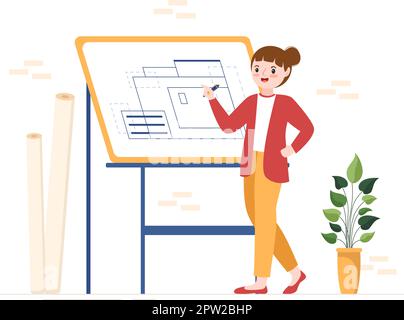 Drafting, Engineer or Architect Working on Drawing Board Projecting and ...