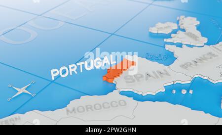 Portugal highlighted on a white simplified 3D world map. Digital 3D ...