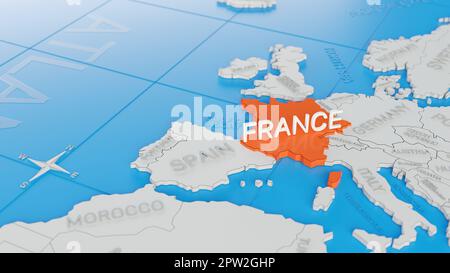 France highlighted on a white simplified 3D world map. Digital 3D ...