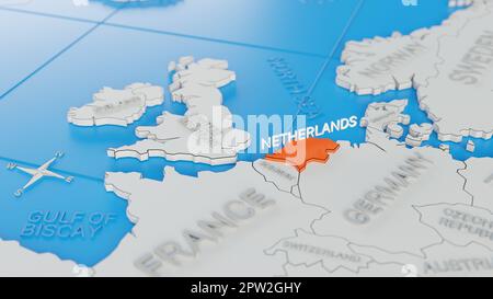 The Netherlands highlighted on a white simplified 3D world map. Digital ...