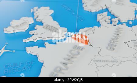 Belgium highlighted on a white simplified 3D world map. Digital 3D ...