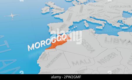 Morocco highlighted on a white simplified 3D world map. Digital 3D ...