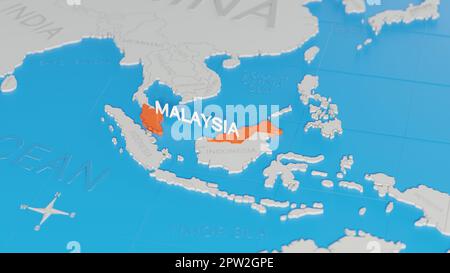 Malaysia highlighted on a white simplified 3D world map. Digital 3D ...