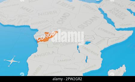 Congo highlighted on a white simplified 3D world map. Digital 3D render ...