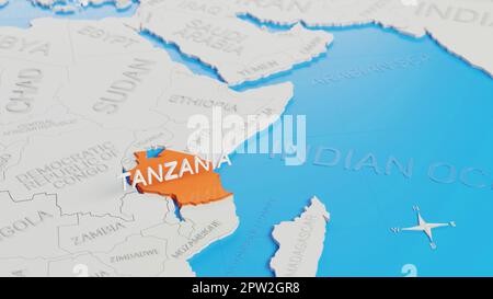 Tanzania highlighted on a white simplified 3D world map. Digital 3D ...