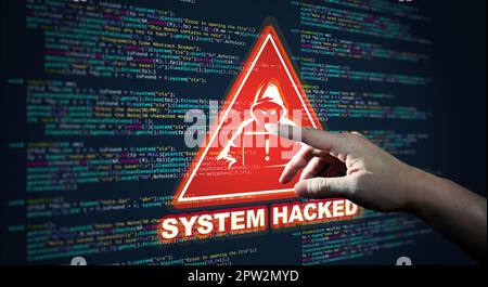 Hand Pointing Abstract Modern tech of Programming code screen with Warning alert of System ...
