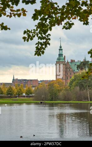Frederiksborg castle park with created lake, in the background the ...
