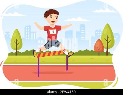 Kids Athlete Run Hurdle Long Jump Sportsman Game Illustration in ...