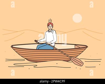 Stressed man rowing in boat see hole and water leaking. Unhappy ...