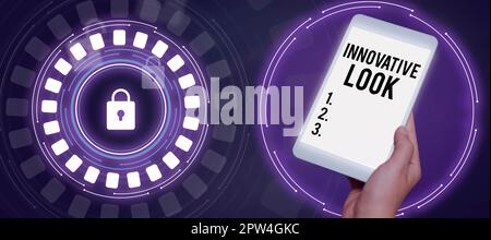 Hand writing sign Innovative Look. Business concept The quality of an ...