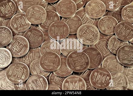 A large pile of coins from a Ukrainian bank. Ukrainian type coins ...
