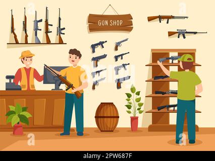 Gun Shop or Hunting with Rifle, Bullet, Weapon and Hunt Equipment in ...