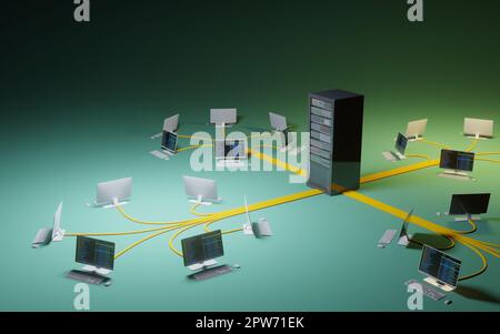 Network infrastructure, desktop computer workstations connected to data ...