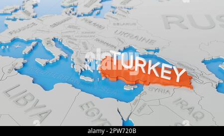 Turkey highlighted on a white simplified 3D world map. Digital 3D ...