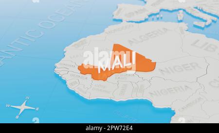 Mali highlighted on a white simplified 3D world map. Digital 3D render ...