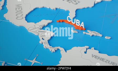 Cuba highlighted on a white simplified 3D world map. Digital 3D render ...