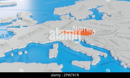 Austria highlighted on a white simplified 3D world map. Digital 3D ...