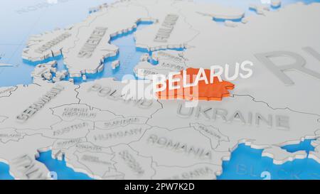 Belarus highlighted on a white simplified 3D world map. Digital 3D ...