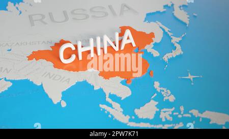 China highlighted on a white simplified 3D world map. Digital 3D render ...