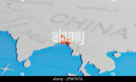 Bangladesh highlighted on a white simplified 3D world map. Digital 3D ...