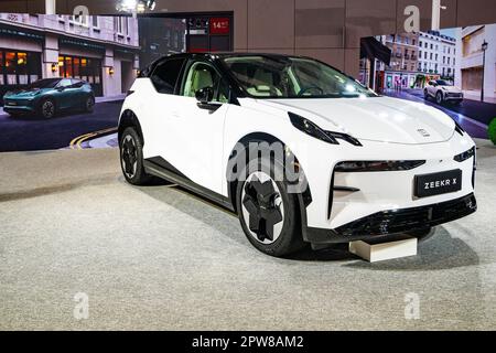 A Zeekr X electric car from the Geely group on display at the 2023 ...