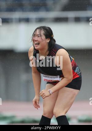Japanese javelin thrower Haruka Kitaguchi reacts at Oda Memorial Meet in Hiroshima City ...