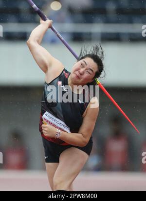 Japanese javelin thrower Haruka Kitaguchi reacts at Oda Memorial Meet in Hiroshima City ...