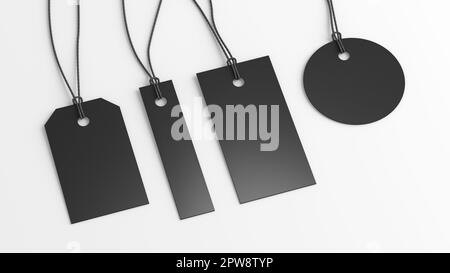 Black tags of various shapes mockup on white background. View directly ...