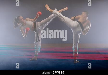Two good looking karate friends doing karate pose at the studio Stock ...