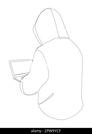 One continuous line of Computer Hacker drawn by with felt tip pen. Thin ...