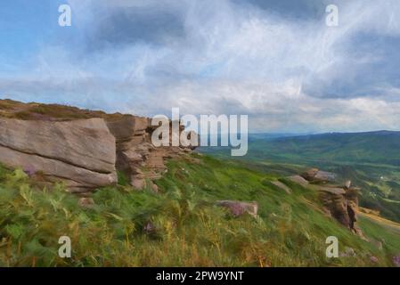 Digital painting of a Bamford Edge view looking across to Win Hill with ...