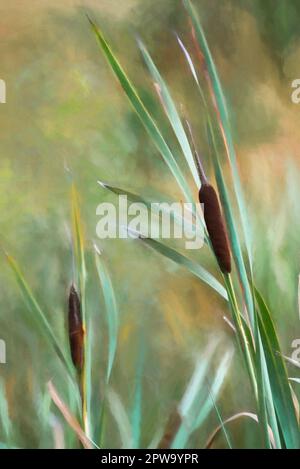 Digital painting of a wild bulrush and grass stem on the moors Stock ...