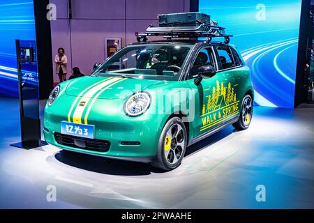 JAC Yiwei 3, exported as E30X, a small electric hatchback on display at ...