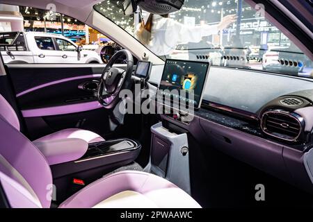 JAC Yiwei 3, exported as E30X, a small electric hatchback on display at ...