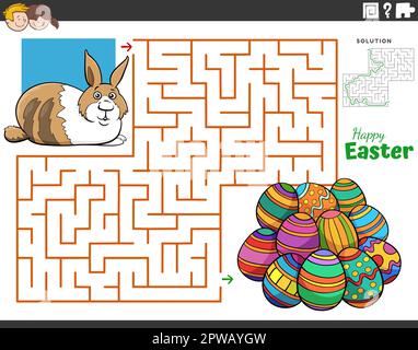 maze game with Easter bunny and eggs coloring book page Stock Vector ...