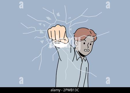 Angry man break glass with fist. Furious male employee punch with hand ...