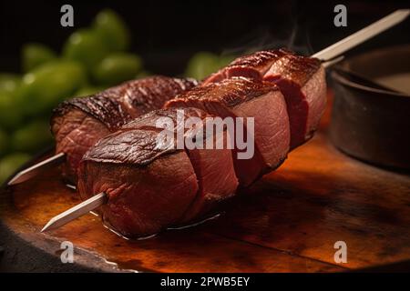 Cooking beef steak with spices and vegetables in frying pan. Grill food ...