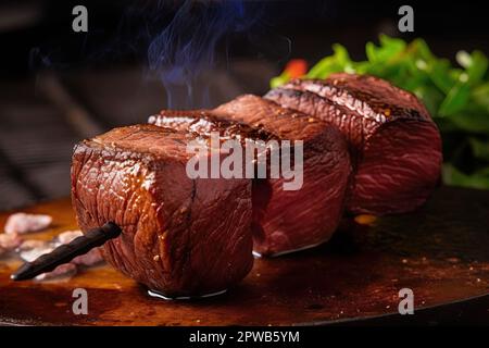 Cooking beef steak with spices and vegetables in frying pan. Grill food ...
