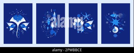 Set of vector illustrations of cosmic underwater creatures. Marine life ...